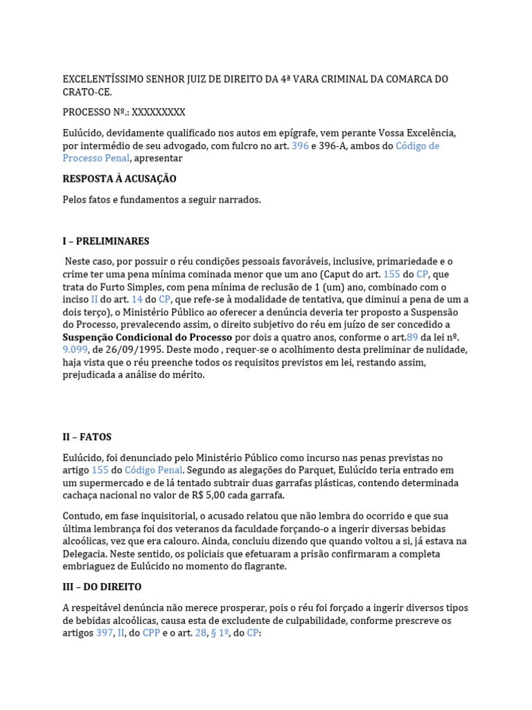 modelo-de-resposta-a-acusacao | PDF | Direito Penal | Roubo