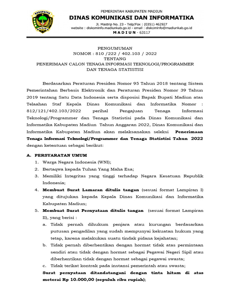 Penerimaan Calon Tenaga Informasi Teknologi Programmer Dan Tenaga ...
