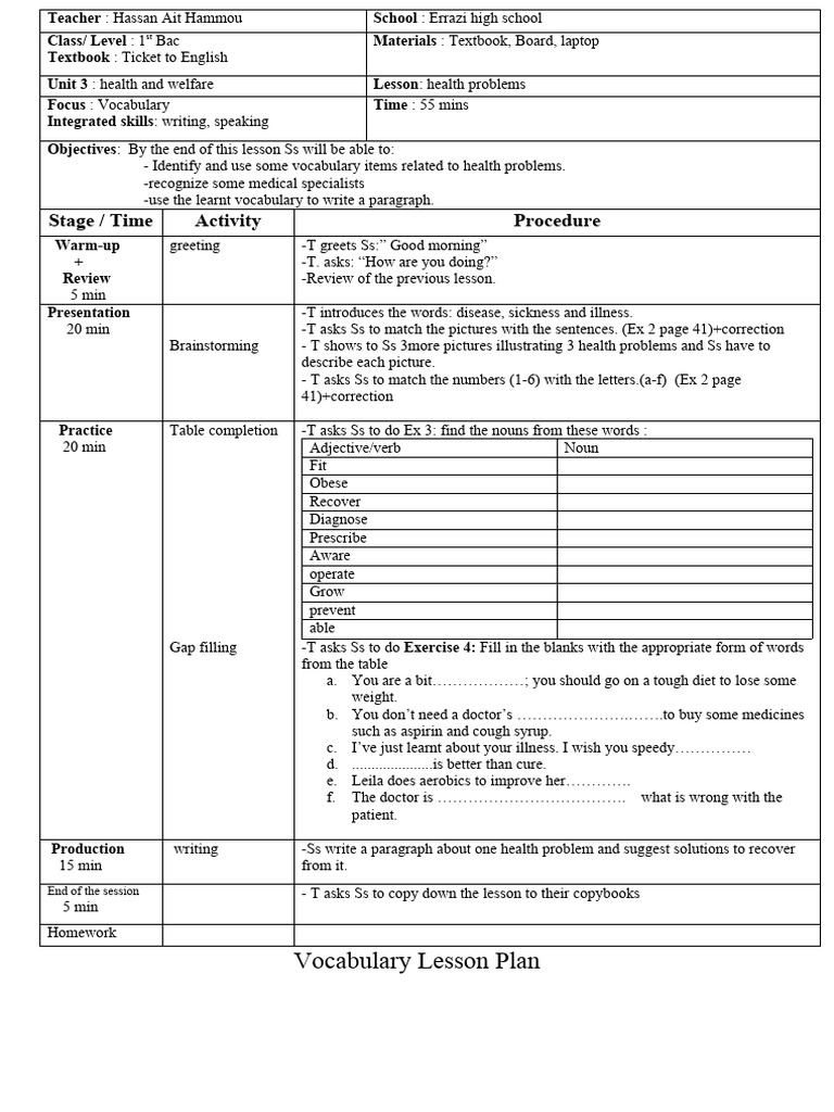 Lesson Plan-Vocabulary Health Problems | PDF | Health Care | Medicine