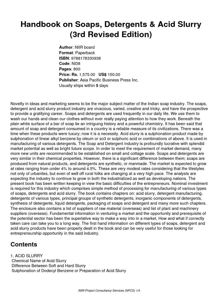 Niir Handbook On Soaps Detergents Acid Slurry 3rd Revised Edition | Download Free PDF ...