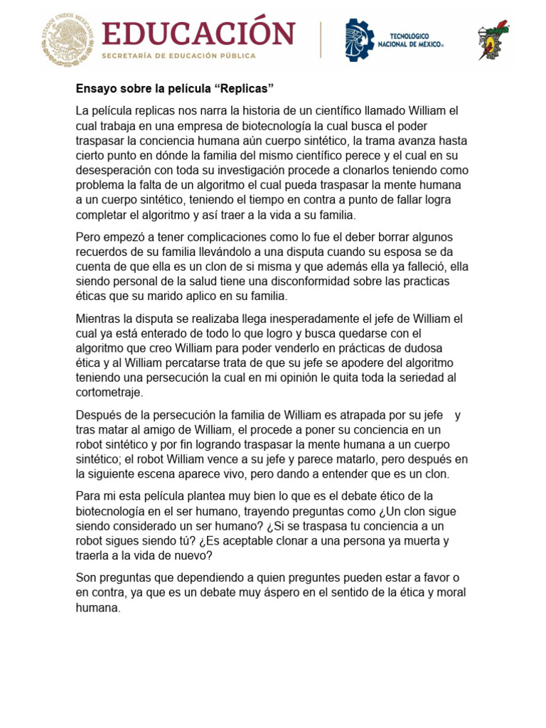 Ensayo Sobre La Película Replicas | PDF | Novela negra, policíaca y suspenso | Libros para ...
