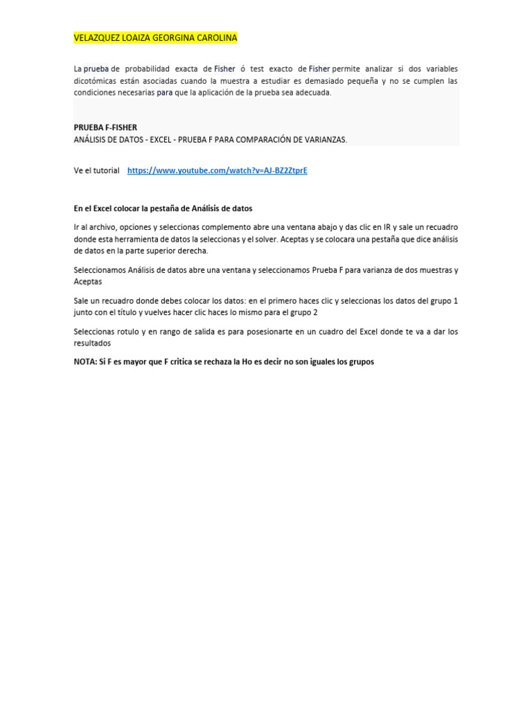 Prueba F de Fisher en Excel | PDF | Metodología | Epistemología de la ...