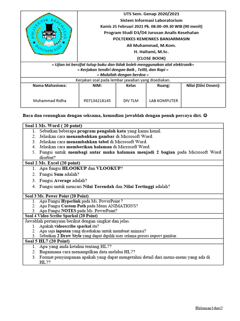 24 - Muhammad Ridha - P07134218145 - UTS SIL 2020-2021 | PDF | Komputer