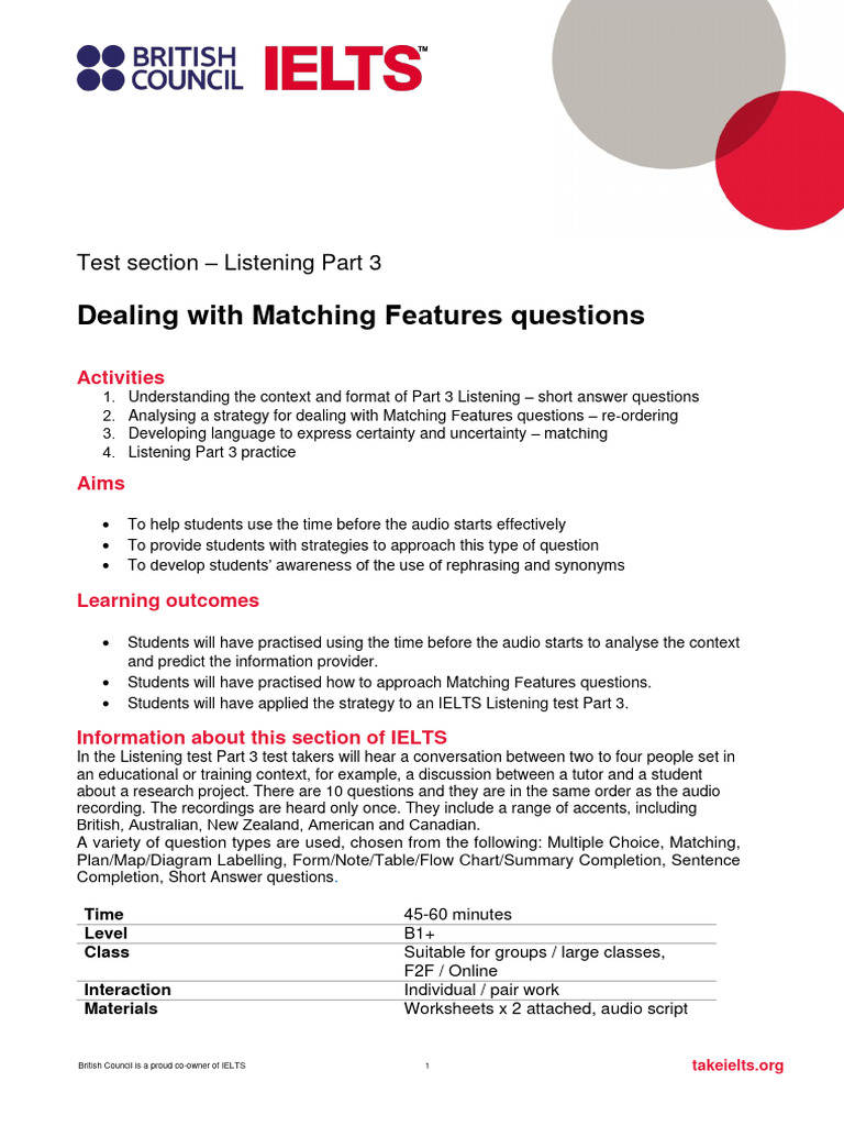 Listening Part 3 Matching Questions | PDF | International English ...