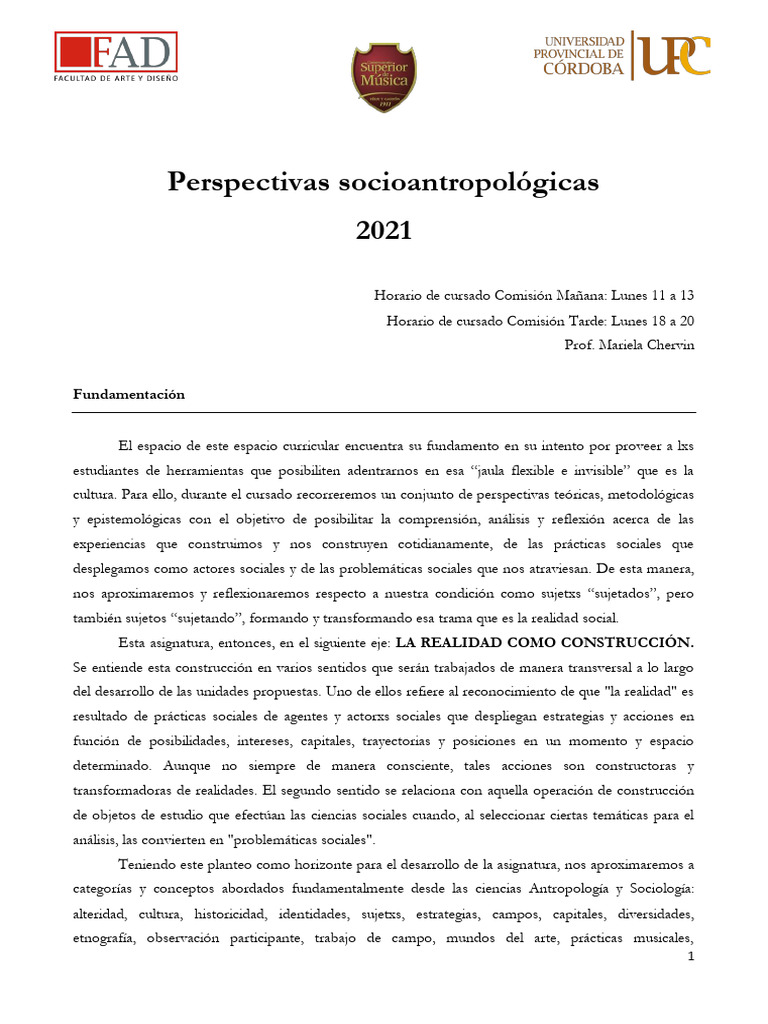Programa Perspectivas Socioantropológicas 2021 | PDF | Etnografía | Realidad