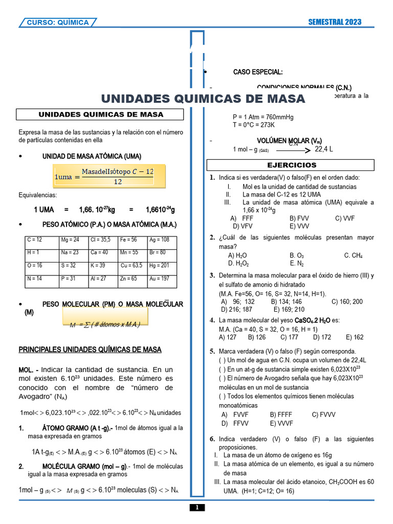 10 - 11 Unidades Quimicas de Masa y Estequiometria | PDF | Estequiometría | Mole (Unidad)