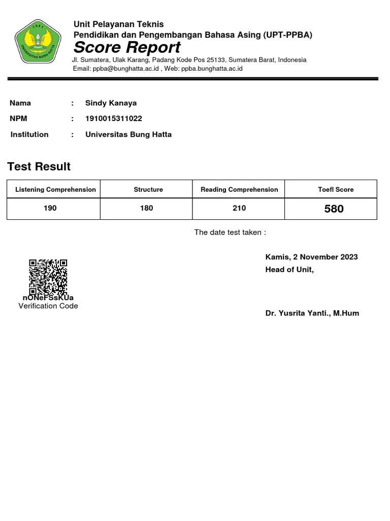 TOEFL Score Report for Sindy Kanaya | PDF