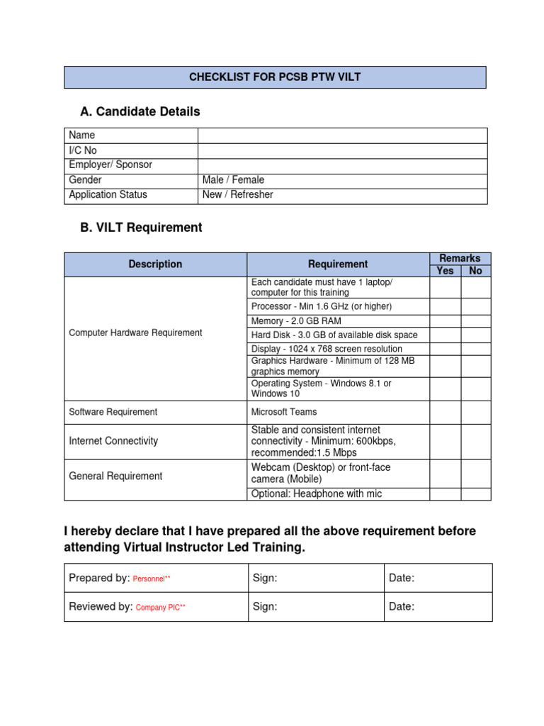 VILT Requirement Checklist | PDF | Computers