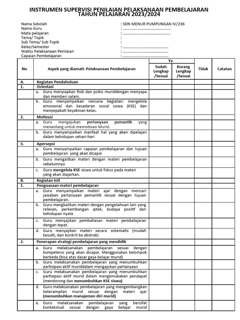 Instrumen Supervisi Penilaian Pelaksanaan Pembelajaran | PDF | Karier & Perkembangan