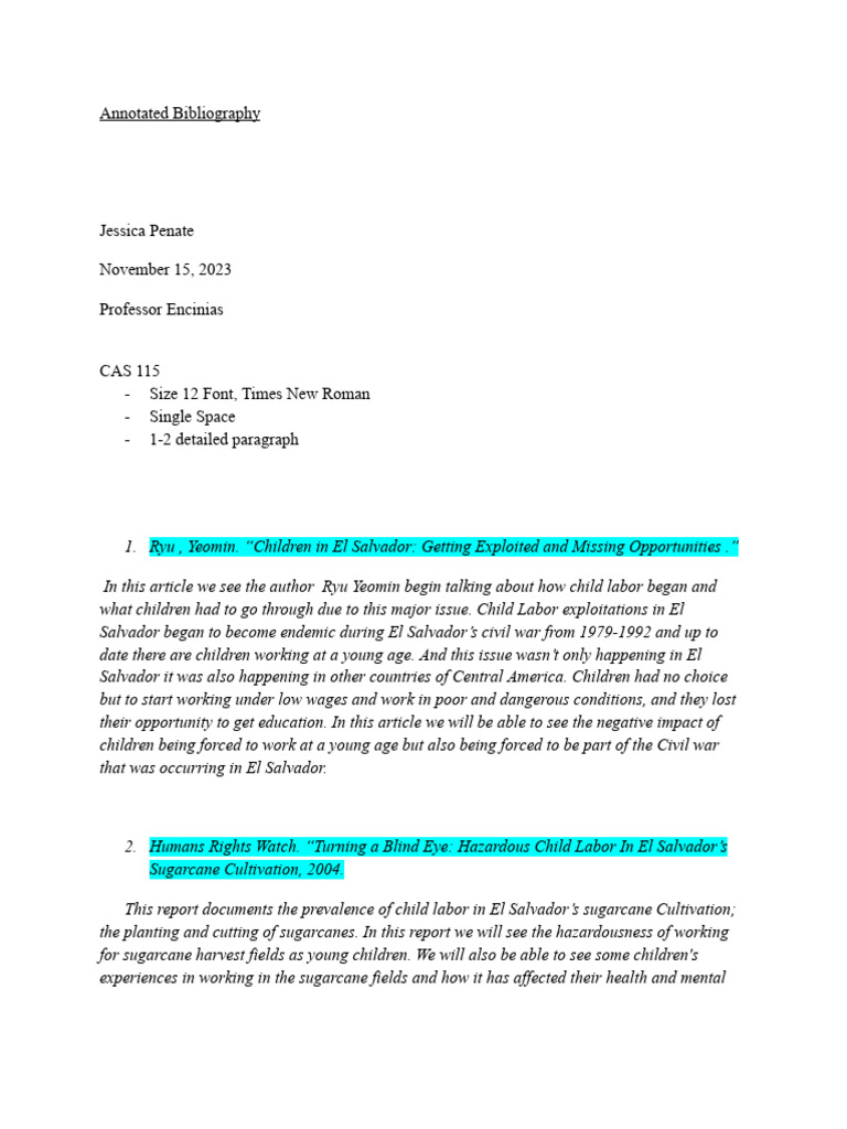 Annotated Bibliography | PDF | Child Labour | El Salvador