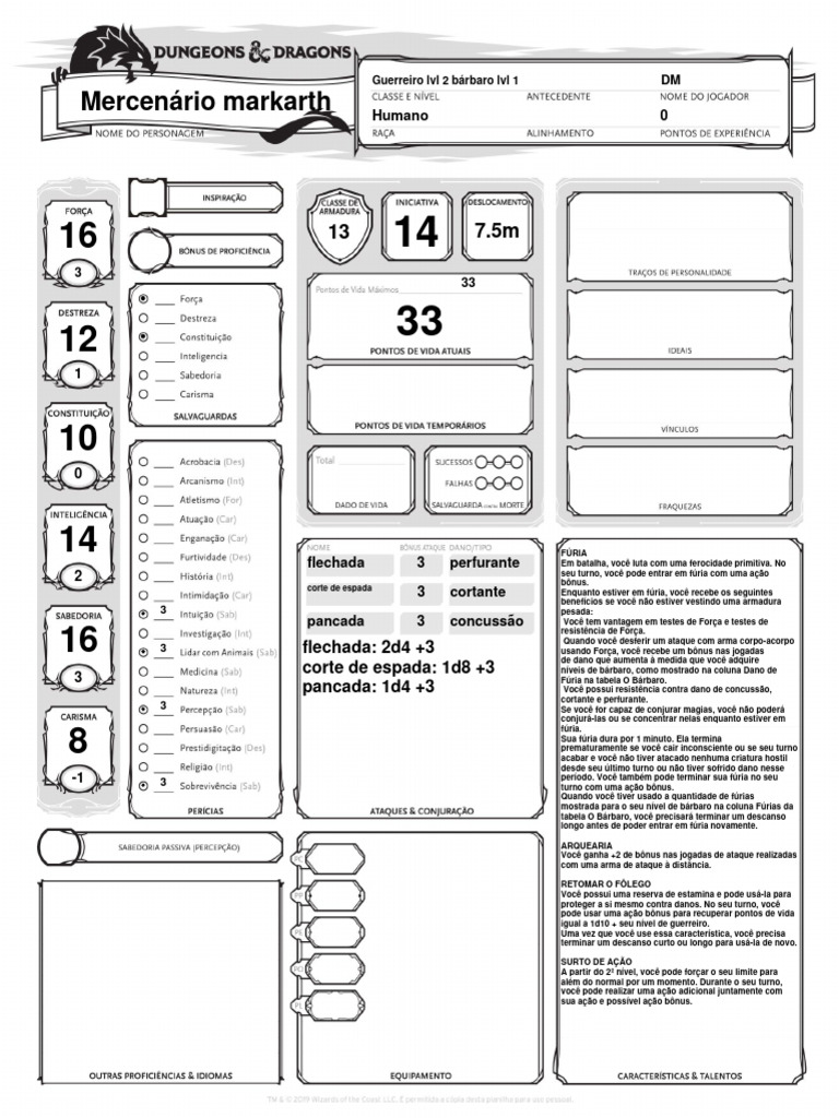 Ficha Oficial D&D 5E Editável Mercenário Markarth | PDF | Espada