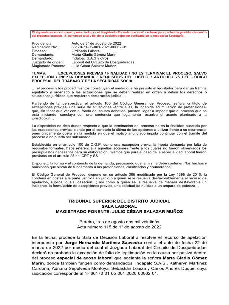 2021-00062 (A) - Excepciones Previas. Finalidad. No Es Terminar El ...