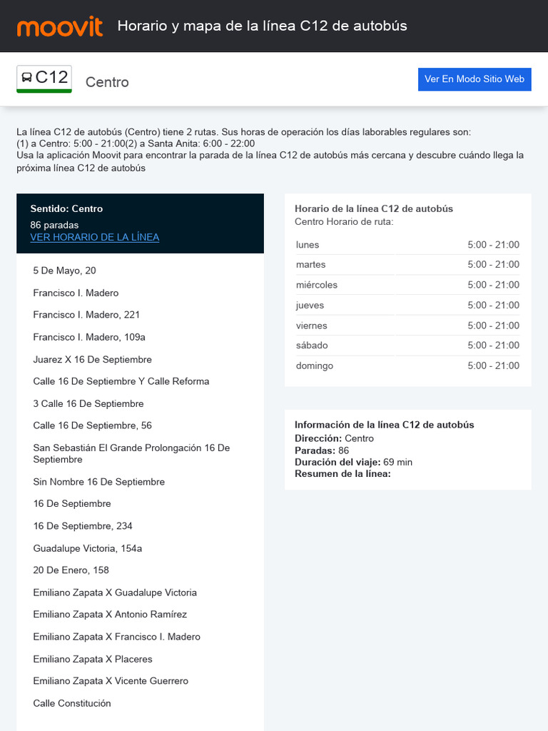 Centro: Horario y Mapa de La Línea C12 de Autobús | PDF | México ...