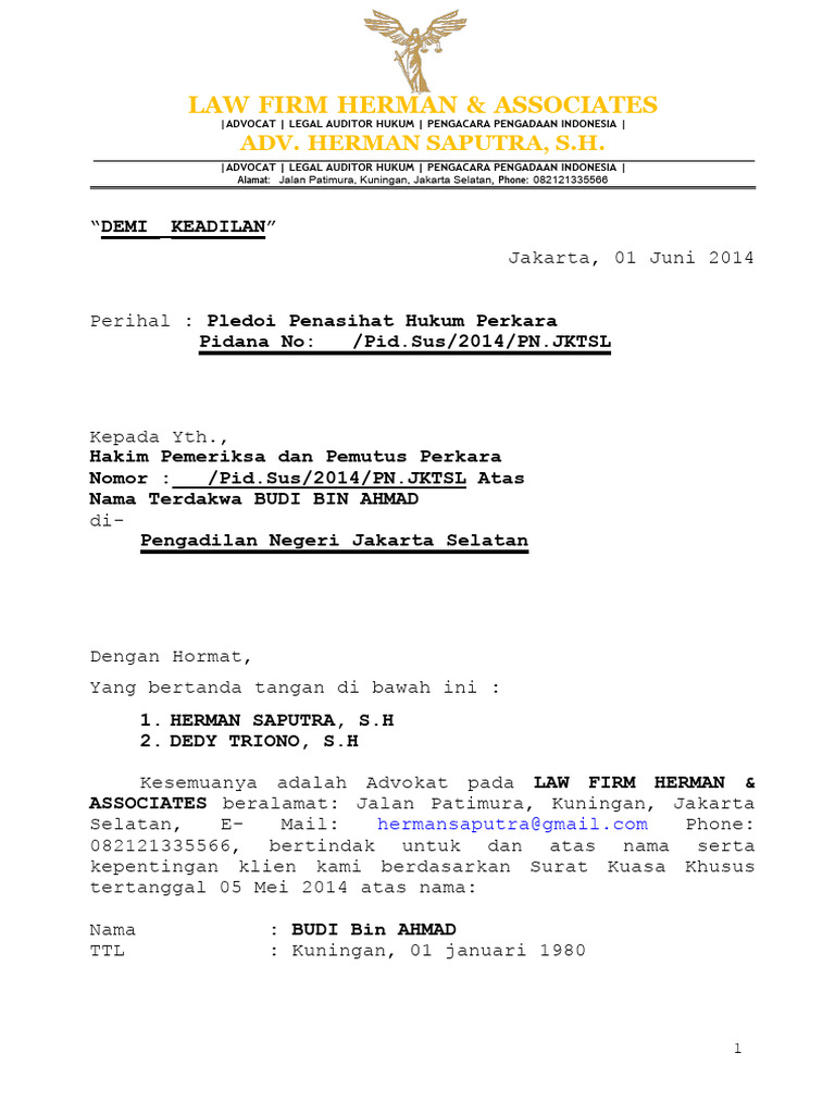Contoh Surat Pembelaan Atau Pledoi | PDF | Hukum