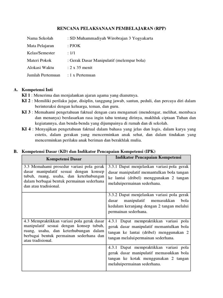 RPP Kelas 1 KD 4.3 Wening Widodo, S.PD | PDF