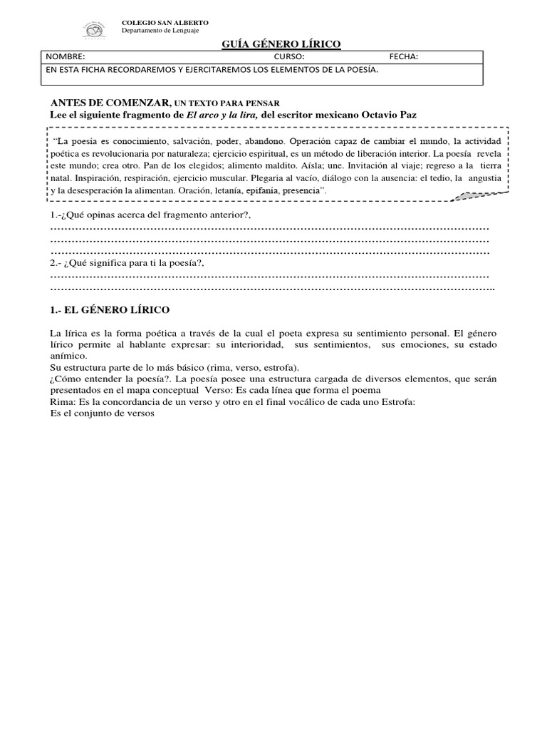 GUÍA GÉNERO LÍRICO. ANTES DE COMENZAR, UN TEXTO PARA PENSAR Lee El ... GUÍA GÉNERO LÍRICO. ANTES DE COMENZAR, UN TEXTO PARA PENSAR Lee El ...