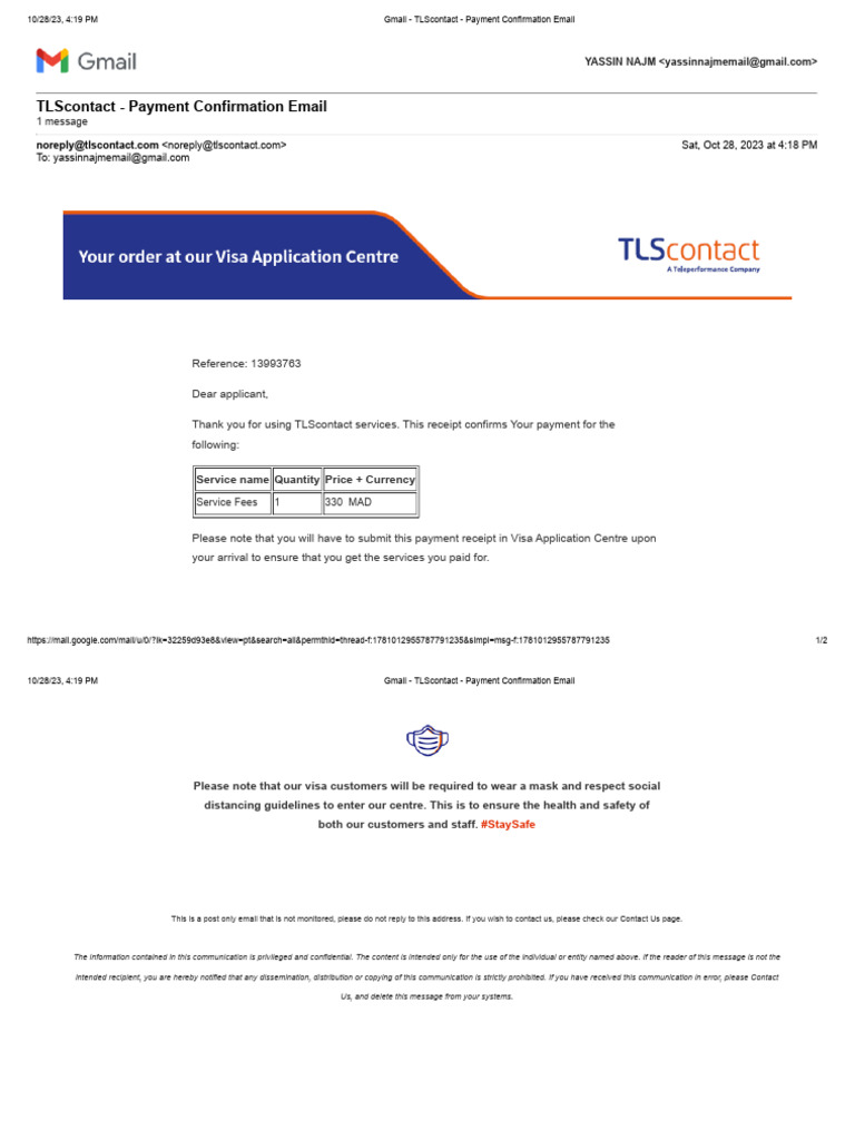 Gmail - TLScontact - Payment Confirmation Email Payment | PDF | Gmail | Service Industries