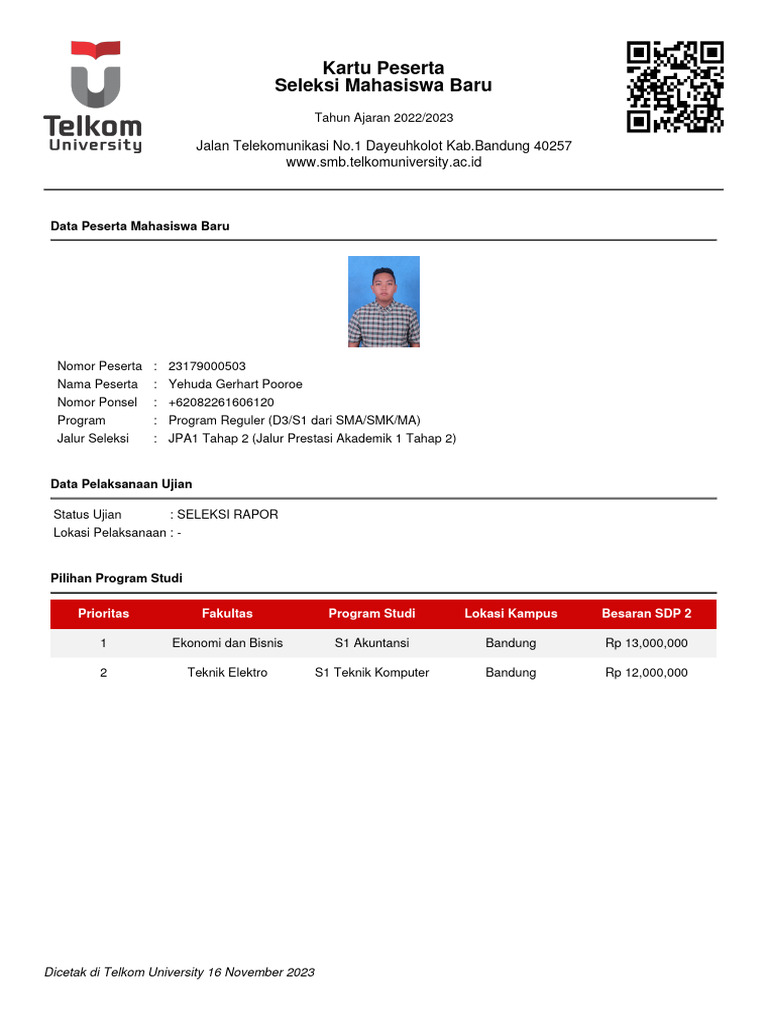 Kartu Peserta Universitas Telkom | PDF