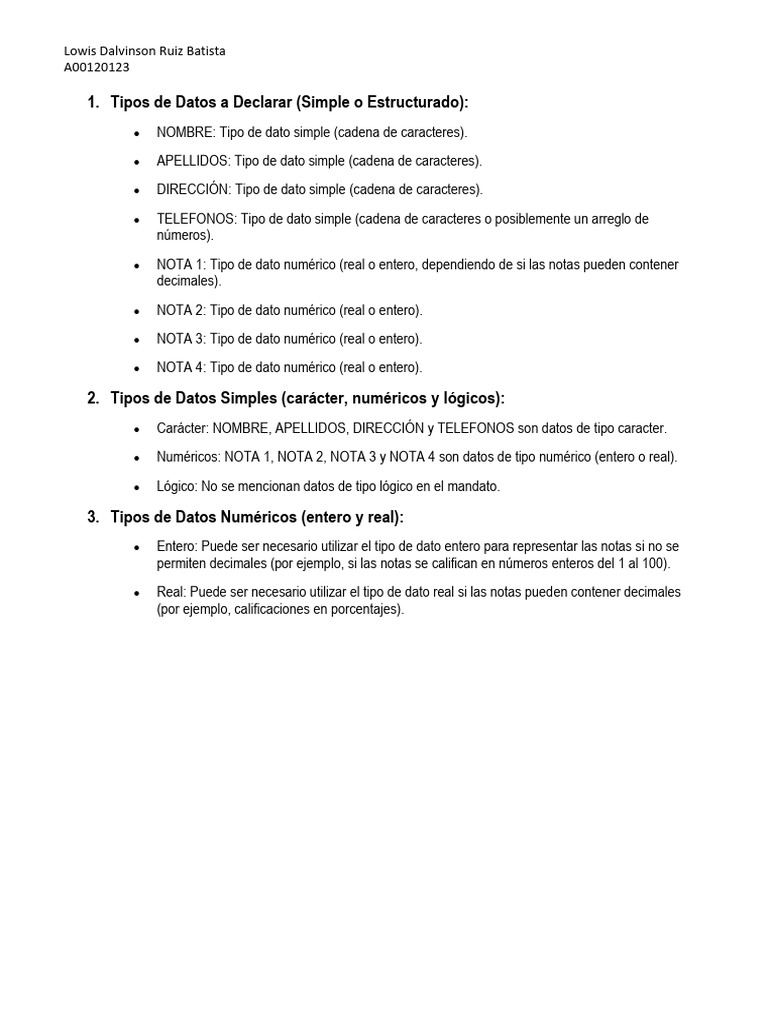 Iz-Unidad 1. Actividad 1. Entregable. Tipos de Datos. | PDF