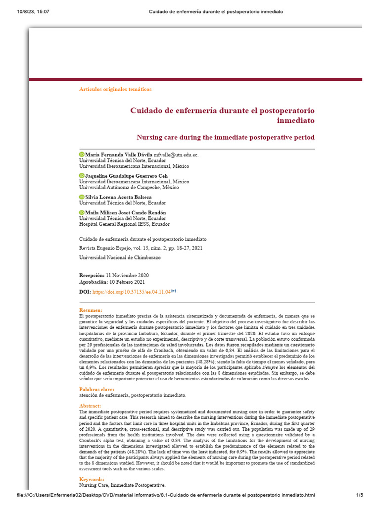 Cuidado de Enfermería Durante El Postoperatorio Inmediato | PDF ...