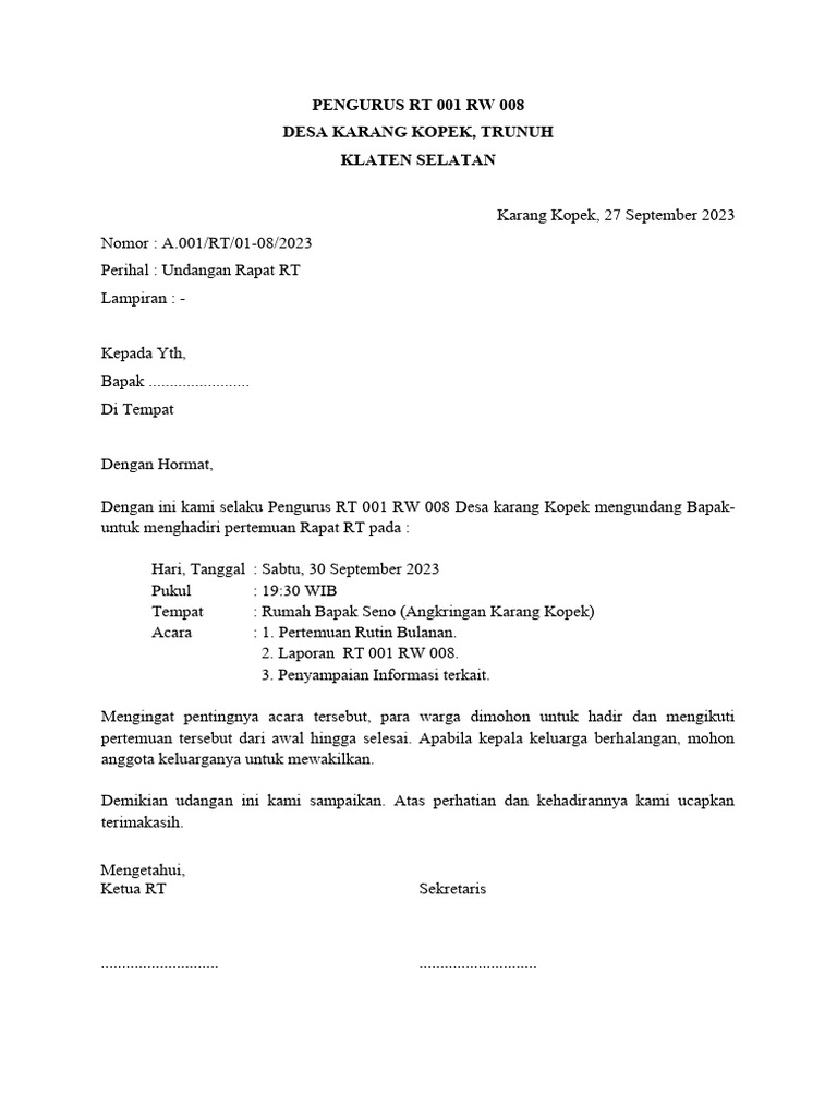 Contoh Surat Undangan Rapat Rt Sederhana Pdf
