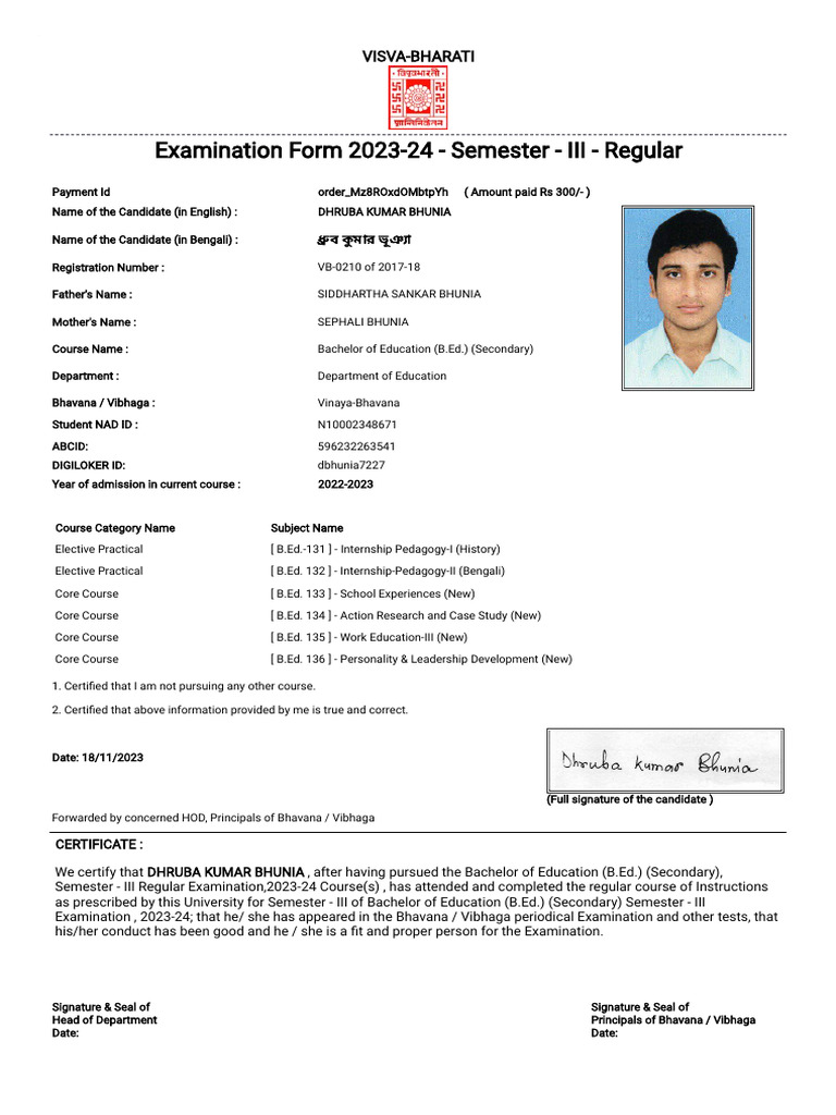 B.Ed. Semester III Exam Form 2023-24 | PDF | Vocational Education | Qualifications