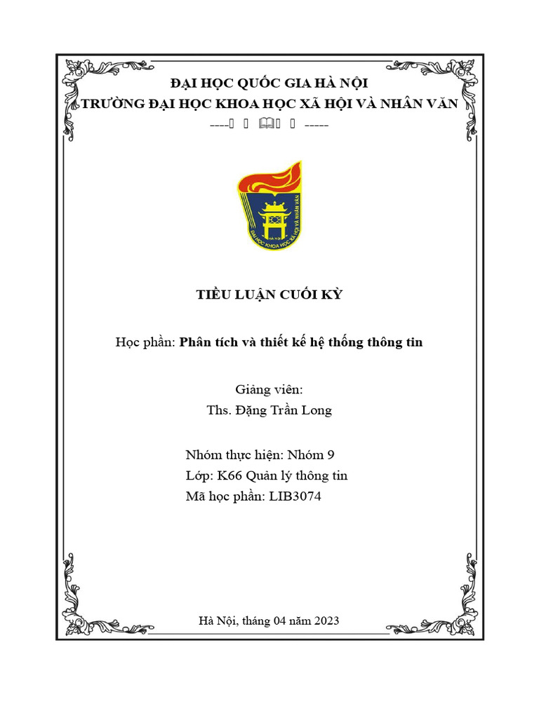 Nhóm 9 - Bài Cuối Kỳ PTTK HTTT - 1 | PDF