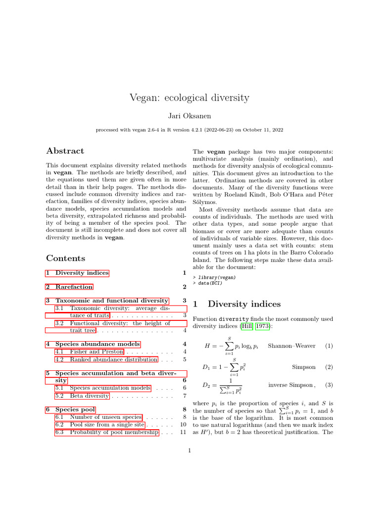 Vegan Diversity Analysis Methods | PDF | Statistical Analysis ...