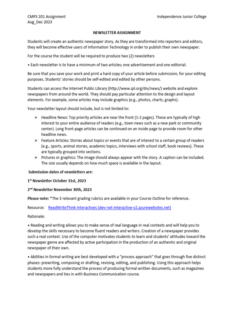 Newsletter Assignment Guidelines | PDF | Newspapers | Page Layout