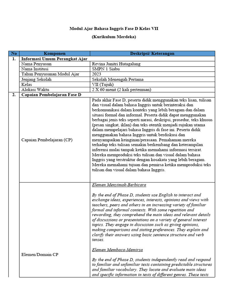 Modul Ajar Bahasa Inggris Fase D Kelas VII | PDF