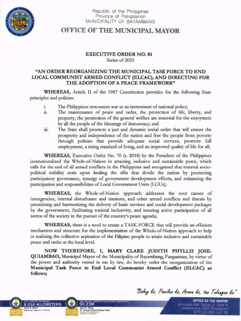 E.O. No. 01 2023 Order Reorganizing The Municipal Task Force To Elcac ...