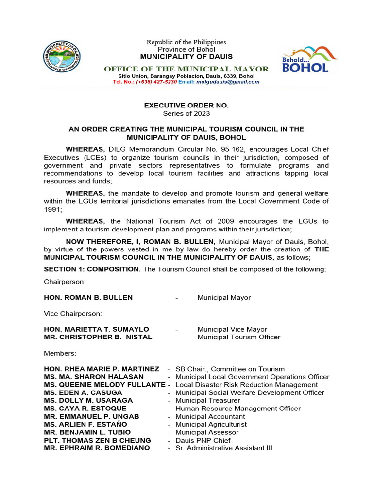 Executive Order Municipal Tourism Council | PDF | Government | Governance