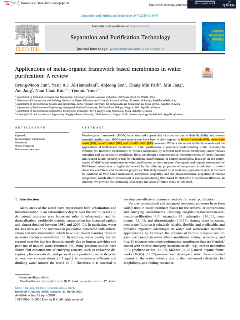 Applications of Metal-Organic Framework Based Membranes in Water Purification a Review | PDF ...
