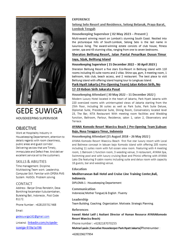 Gede Suwiga CV | PDF | Hospitality Industry | Tourism