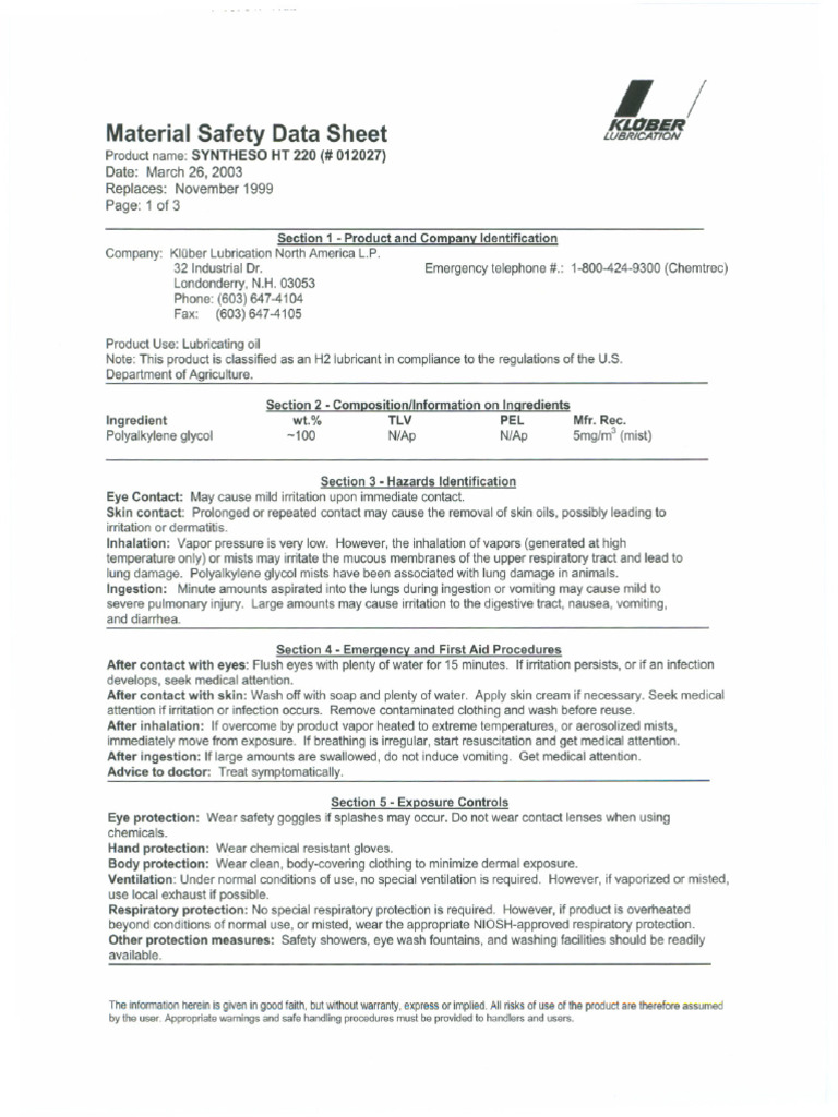 Syntheso HT 220 Msds | PDF | Water | Firefighting