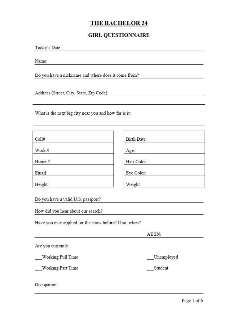 THE Bachelor 24: Girl Questionnaire | PDF | Social Science | Wellness