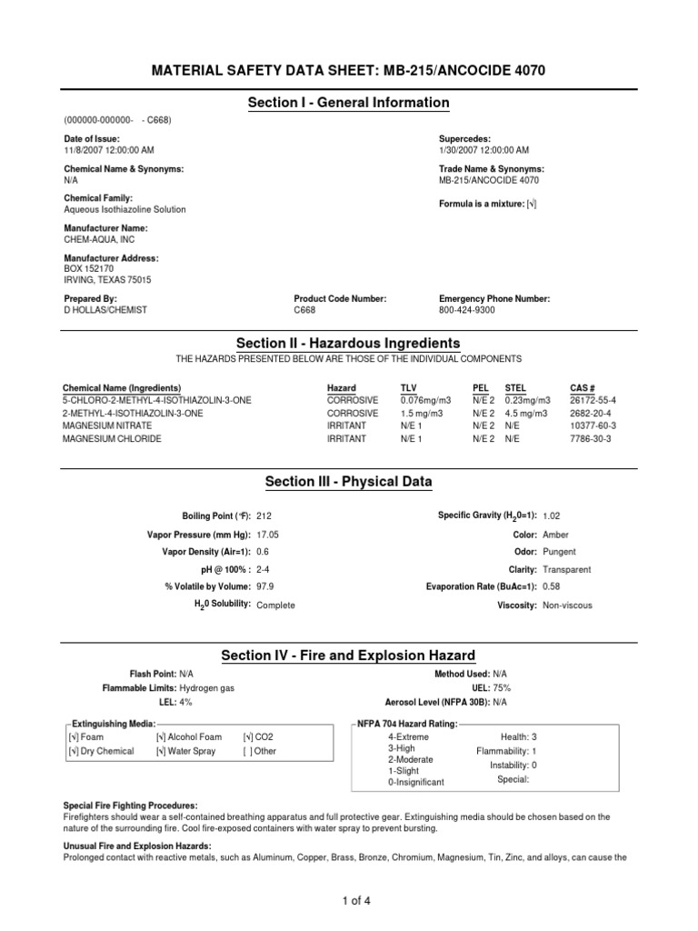 Ancocide 4070 - English Msds | PDF | Magnesium | Chlorine