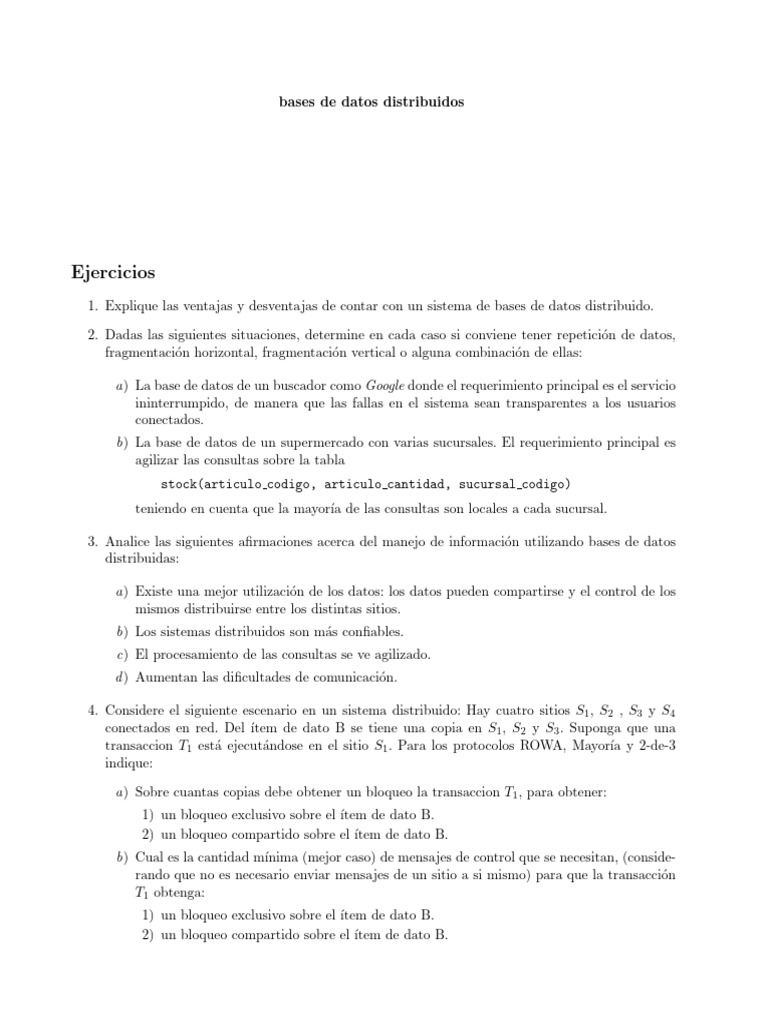 Ejercicios sobre Bases de Datos Distribuidas | PDF | Bases de datos ...