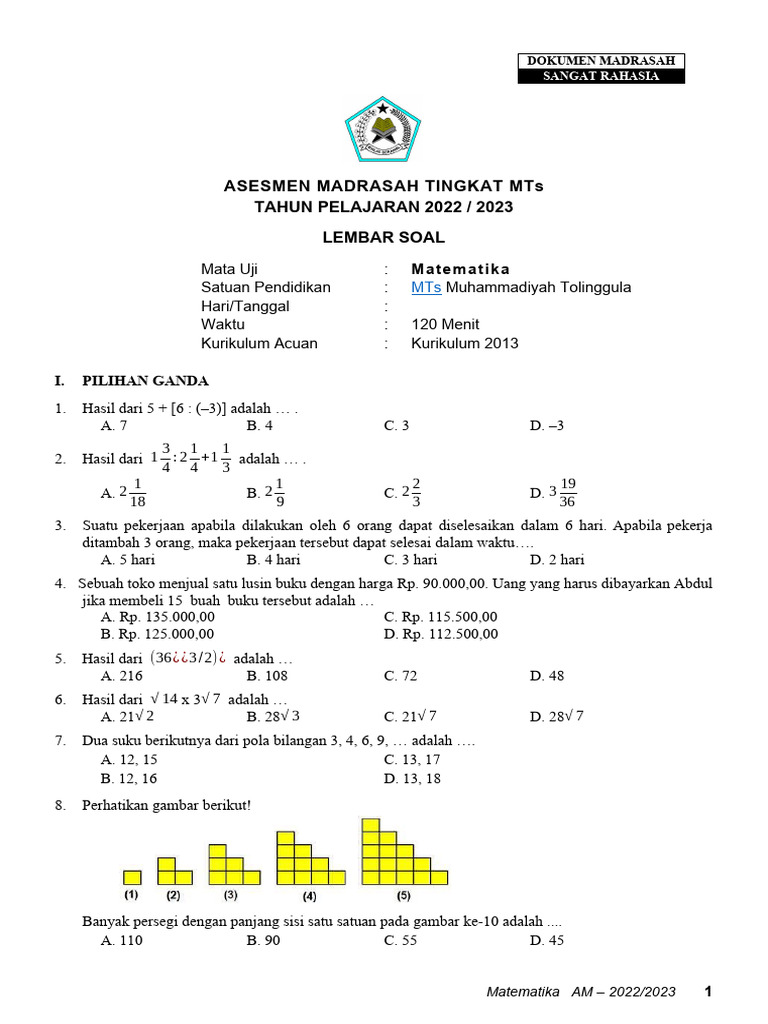 Soal AM Matematika MTs K13 | PDF