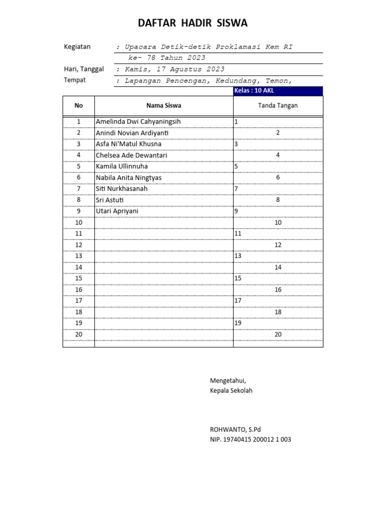 Absen Upacara Hut Ri 23 | PDF