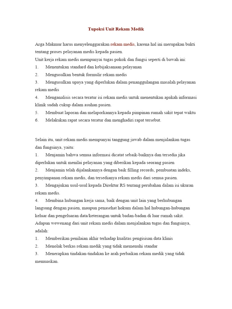 Tupoksi Unit Rekam Medik | PDF | Kesehatan Holistik