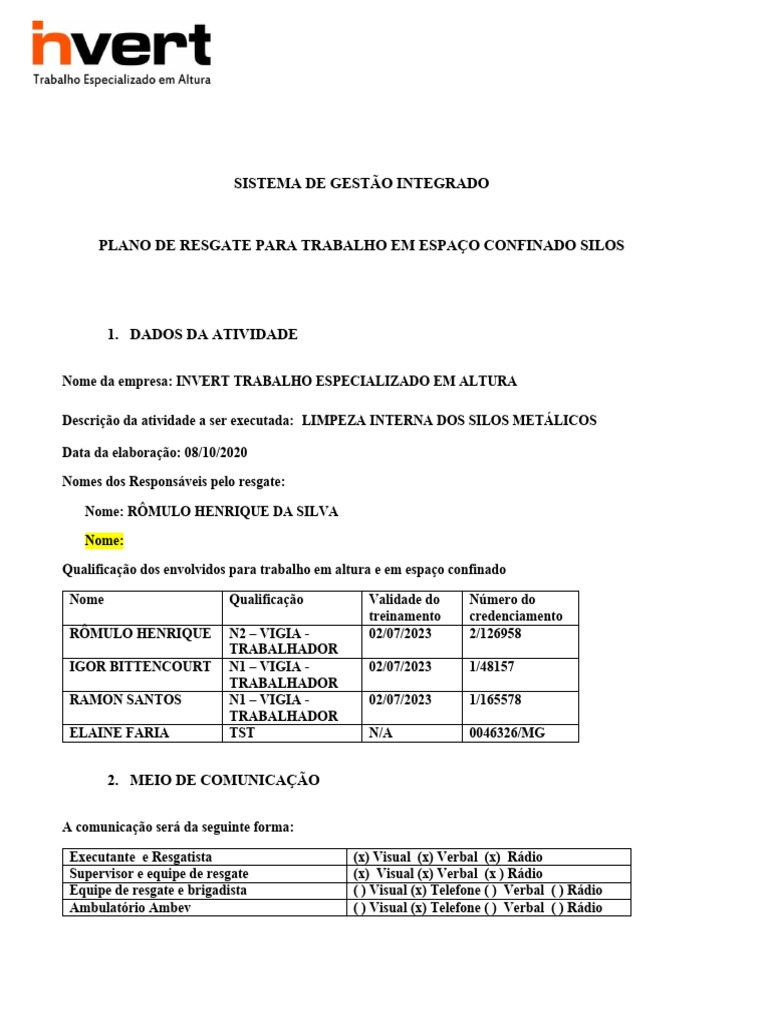 Plano de Resgate em Altura Ou Espaço Confinado Invert Ambev | Download ...