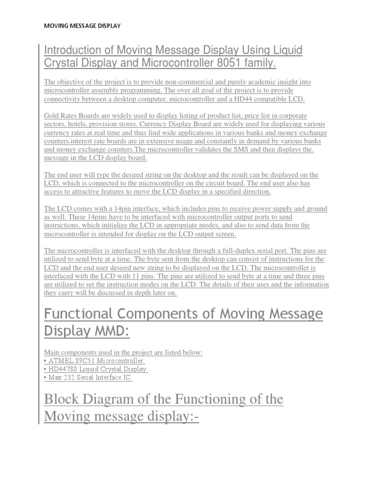 Introduction Of Moving Message Display Using Liquid Crystal Display And Micro Controller 8051