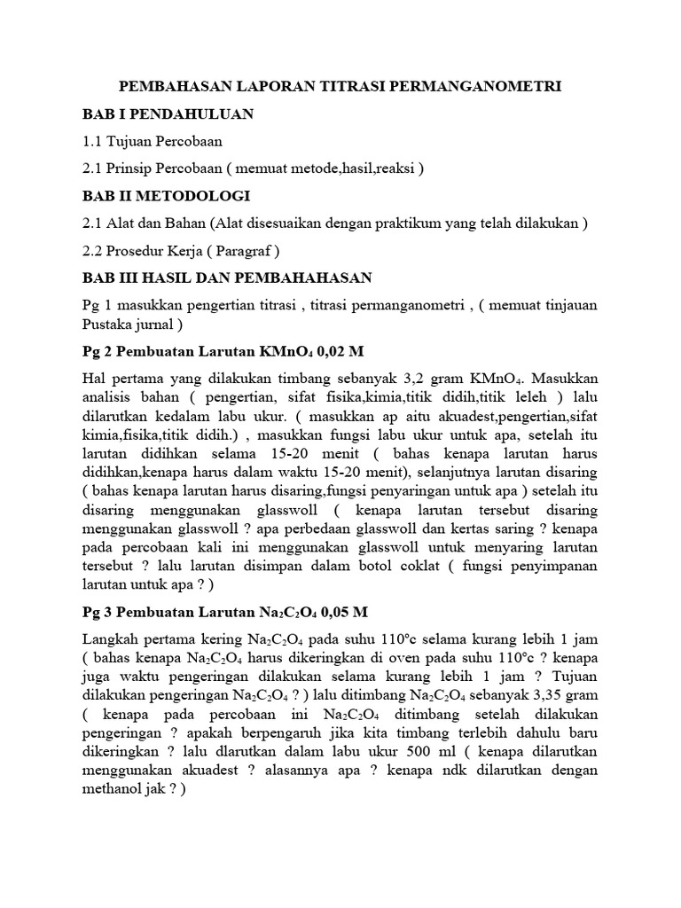 Pembahasan Laporan Titrasi Permanganometri Kimia 22 | PDF