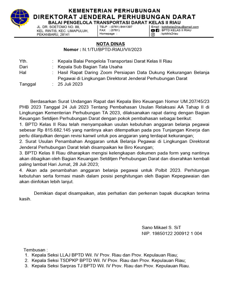 Nota Dinas Hasil Rapat BPTD Riau | PDF