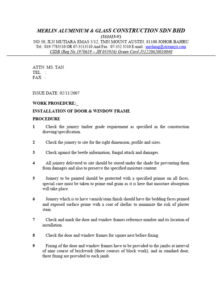 Method of Statement-Door & Window | Download Free PDF | Door | Window