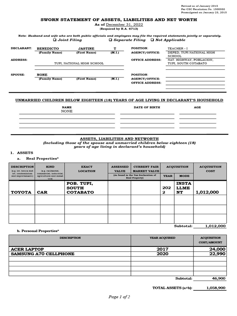 SALN 2023 Blank | PDF | Net Worth | Business