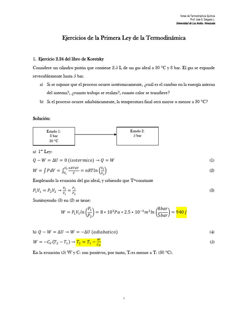 Ejercicios de La Primera Ley de La Termodinámica | PDF | Termodinámica | Gases