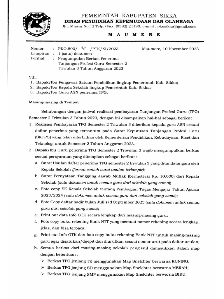 Pengumuman Pemberkasan TPG TW 3 | PDF