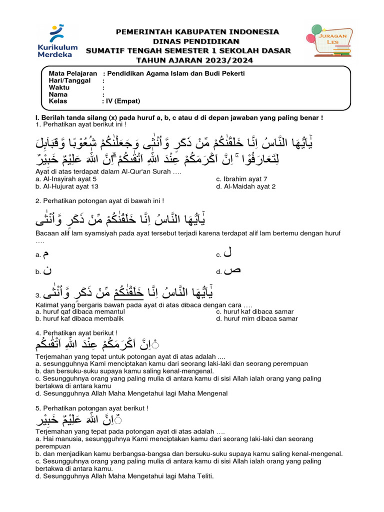 Soal PTS - STS Pendidikan Agama Islam Kelas 4 Semester 1 Kurikulum Merdeka T.A 2023-2024 | PDF